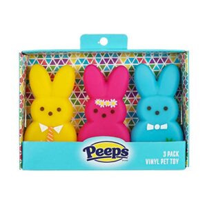 peeps for pets 3 piece dress-up bunnies vinyl dog toys yellow, pink, blue 4 inch plastic squeaky dog toys value pack fun, cute, and squeaky dress-up bunnies from peeps