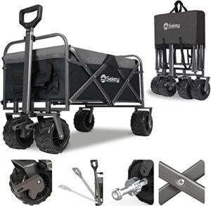 sekey collapsible foldable wagon with 220lbs weight capacity, heavy duty folding garden cart with big beach brake wheels & drink holders.black with grey