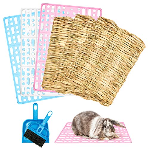 Roundler Bunny Cage Mats, 3 Pieces Rabbit Plastic Floor Pads and 3 Pieces Grass Woven Bed Mats Small Animal Feet Pads Bed Nest Mats for Bunny Hamster Rat Chinchilla Guinea Pig Cats Dogs (3 Colors)