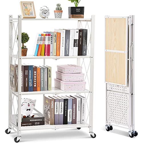 TOOLF 4-Tier Foldable Shelving Unit, Freestanding Metal Storage Shelf with MDF Tabletop, No Assembly Storage Shelves with Wheels for Garage Kitchen Bakers Closet Pantry, Heavy Duty Shelving