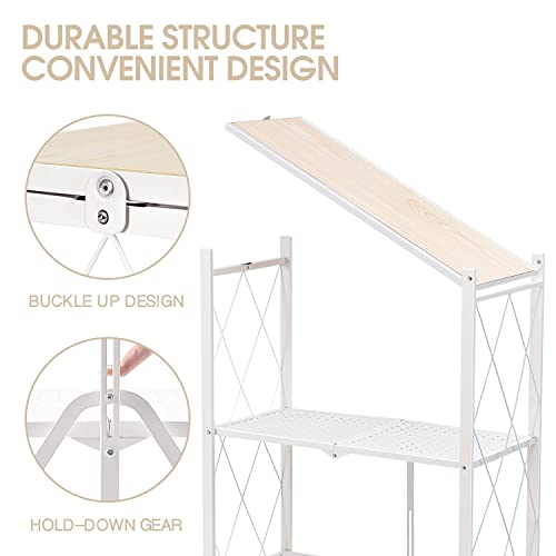 TOOLF 4-Tier Foldable Shelving Unit, Freestanding Metal Storage Shelf with MDF Tabletop, No Assembly Storage Shelves with Wheels for Garage Kitchen Bakers Closet Pantry, Heavy Duty Shelving