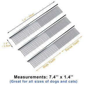 Dog Combs Cat Combs 3 Pack Pet Combs Stainless Steel Metal Comb Wide Tooth Comb&Dense Tooth Comb Flea Comb for Cats Dogs Dog Grooming Comb-Silver