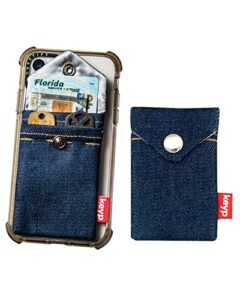 keyp card holder for back of phone - credit card holder for cell phone - convenient phone card holder stick on for keys, cards & cash - stick on wallet for cell phone (blue denim)