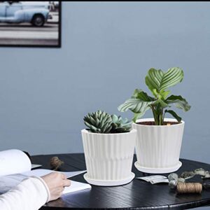 sietpoek Plant Pots - 6.7 Inch Cylinder Ceramic Planters with Connected Saucer, Pots for Succuelnt and Little Snake Plants, Set of 2, White