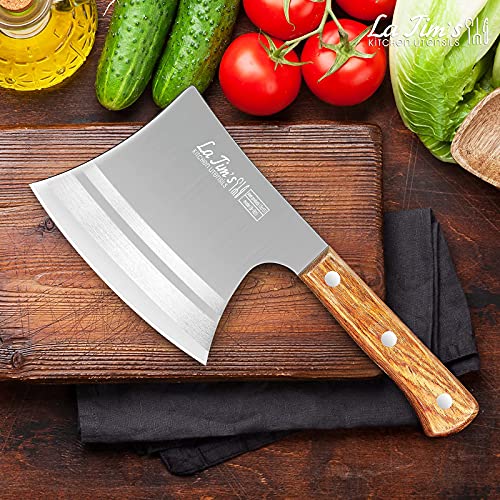 LA TIM'S Meat Cleaver Knife, 2 lb Heavy Duty Cleaver with Hand Forged High Carbon Steel, Butcher Knife for Chopping Bones, Solid Wood Handle