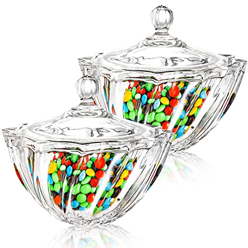 Fasmov 2 Pcs 7.7 inch x 6.7 inch Large Glass Candy Dish with Lid, Covered Decorative Weddings Candy Buffet Food Storage Container Crystal Candy Jar for Home Kitchen Office Table