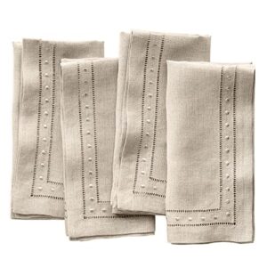 linen napkins - natural 18 x 18 inch, set of 4 hemstitch dinner napkins cloth with embroidered dot - cloth napkins from 100% french flax, natural fabric