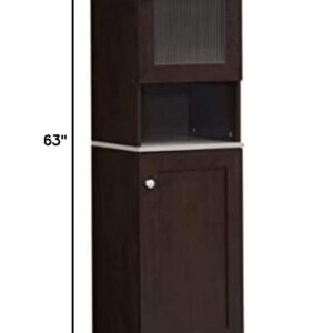 Hodedah 63" Tall Slim Open Shelf Plus Top and Bottom Enclosed Storage Kitchen Pantry, Chocolate-Grey