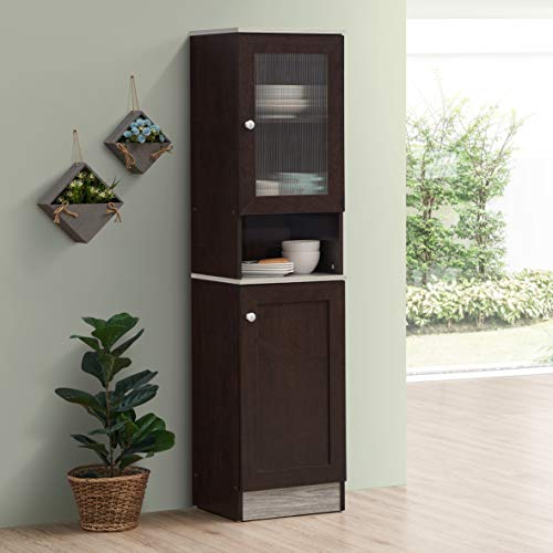 Hodedah 63" Tall Slim Open Shelf Plus Top and Bottom Enclosed Storage Kitchen Pantry, Chocolate-Grey