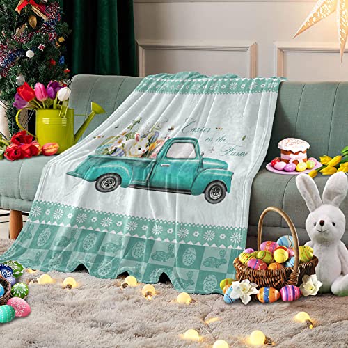 Pinkinco Cute Animals Bunny with Eggs on Truck Blankets, Luxury Cozy Warm Flannel Fleece Throw Blanket, Easter Buffalo Plaid Bedspread for Couch Chair Bed Sofa Travel, 60x80In