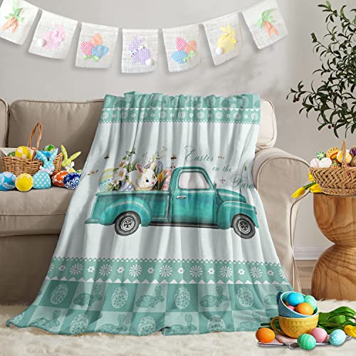 Pinkinco Cute Animals Bunny with Eggs on Truck Blankets, Luxury Cozy Warm Flannel Fleece Throw Blanket, Easter Buffalo Plaid Bedspread for Couch Chair Bed Sofa Travel, 60x80In