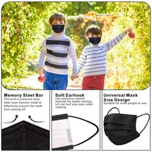 Kid Size Face Mask Black, Disposable Breathable Mask 3ply for Boys Girls Individually Wrapped, Black Children Face Cover Mask with Small Size for School, Soft Comfortable Adjustable Mask for Petite Face - 50 Packs