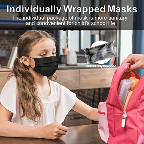 Kid Size Face Mask Black, Disposable Breathable Mask 3ply for Boys Girls Individually Wrapped, Black Children Face Cover Mask with Small Size for School, Soft Comfortable Adjustable Mask for Petite Face - 50 Packs