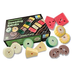 yellow door sensory play stones, threading kebabs