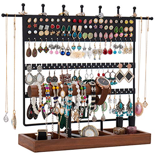 QILICHZ Earring Organizer Earring Stand 124 Holes Earring Holder Jewelry Stand Jewelry Holder Jewelry Organizer Jewelry Tower Rack with Wooden Tray for Home Use and Jewelry Display