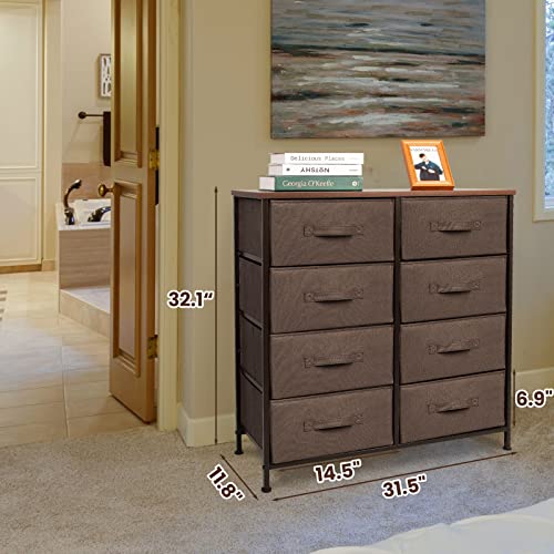 CONNOO 8 Drawer Storage Dresser Unit, Tall Vertical Storage Tower Chest, Fabric Organizer Unit for Bedroom, Living Room, Closet, Hallway, Entryway, Nursery, Wooden Top, Espresso Brown