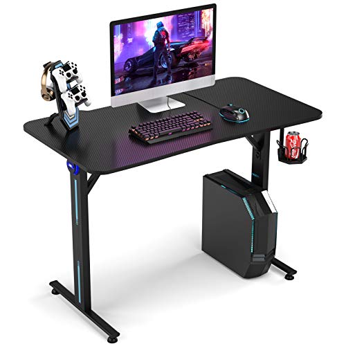 Tangkula Gaming Desk, T-Shaped Computer Desk w/Game Controller Stand, Cup Holder and LED Light, Ergonomic Home Office Game Station with Carbon Fiber Surface (Black)