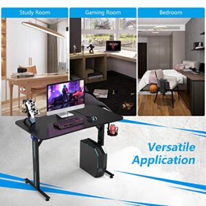 Tangkula Gaming Desk, T-Shaped Computer Desk w/Game Controller Stand, Cup Holder and LED Light, Ergonomic Home Office Game Station with Carbon Fiber Surface (Black)