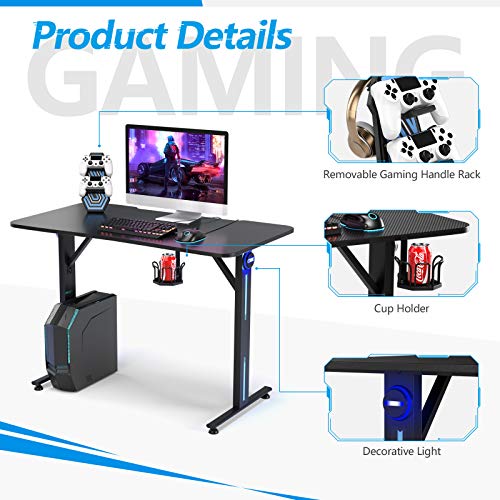 Tangkula Gaming Desk, T-Shaped Computer Desk w/Game Controller Stand, Cup Holder and LED Light, Ergonomic Home Office Game Station with Carbon Fiber Surface (Black)