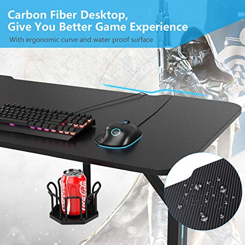 Tangkula Gaming Desk, T-Shaped Computer Desk w/Game Controller Stand, Cup Holder and LED Light, Ergonomic Home Office Game Station with Carbon Fiber Surface (Black)