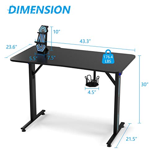 Tangkula Gaming Desk, T-Shaped Computer Desk w/Game Controller Stand, Cup Holder and LED Light, Ergonomic Home Office Game Station with Carbon Fiber Surface (Black)