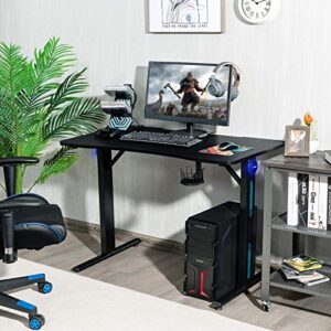 Tangkula Gaming Desk, T-Shaped Computer Desk w/Game Controller Stand, Cup Holder and LED Light, Ergonomic Home Office Game Station with Carbon Fiber Surface (Black)