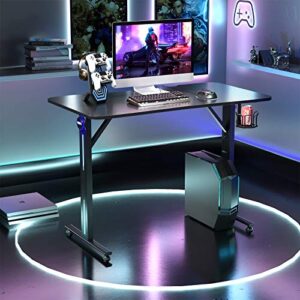 Tangkula Gaming Desk, T-Shaped Computer Desk w/Game Controller Stand, Cup Holder and LED Light, Ergonomic Home Office Game Station with Carbon Fiber Surface (Black)