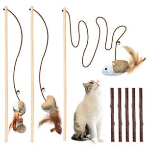 3 pcs cat wand toys, 16 inch natural wooden cat teaser wand toys with 5 pcs silvervine sticks for cat, interactive cat feather wand toy for indoor cats, elastic string cat pole toy with bell, feather