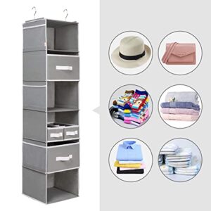 Univivi 6-Shelf Closet Hanging Storage Organizer, Hanging Closet Organizer with Drawers and 6 Side Pockets Closet Hanging Shelves for Baby, Nursery, Closet, Clothes, Tshirts - Gray