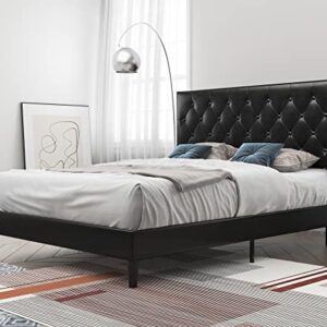 Einfach Queen Platform Bed Frame with Adjustable Faux Leather Diamond Stitched Button Tufted Headboard, Sturdy Wooden Support and No Box Spring Needed, Black