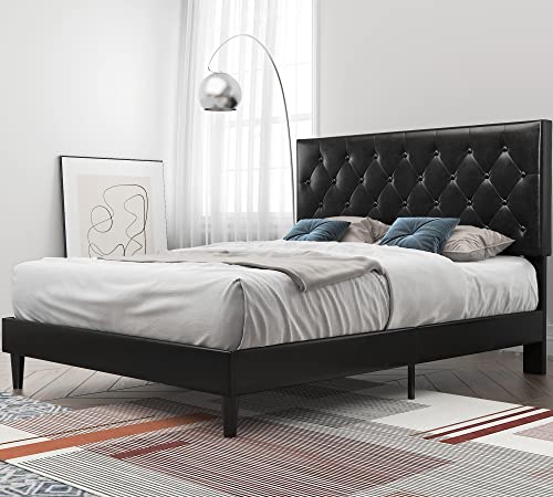 Einfach Queen Platform Bed Frame with Adjustable Faux Leather Diamond Stitched Button Tufted Headboard, Sturdy Wooden Support and No Box Spring Needed, Black