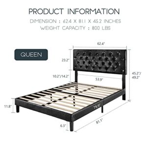 Einfach Queen Platform Bed Frame with Adjustable Faux Leather Diamond Stitched Button Tufted Headboard, Sturdy Wooden Support and No Box Spring Needed, Black