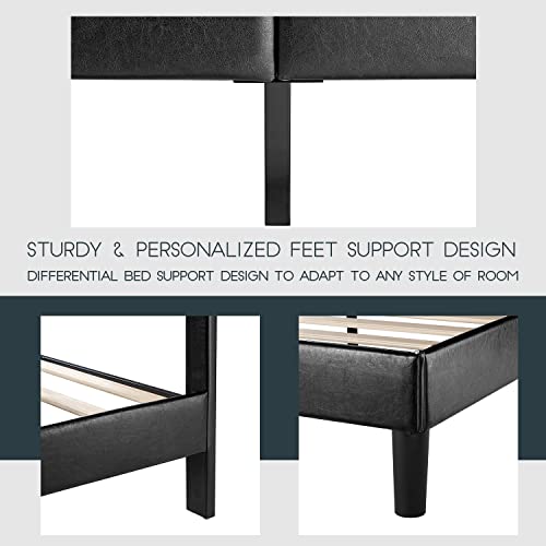 Einfach Queen Platform Bed Frame with Adjustable Faux Leather Diamond Stitched Button Tufted Headboard, Sturdy Wooden Support and No Box Spring Needed, Black