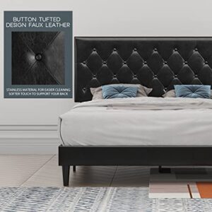 Einfach Queen Platform Bed Frame with Adjustable Faux Leather Diamond Stitched Button Tufted Headboard, Sturdy Wooden Support and No Box Spring Needed, Black