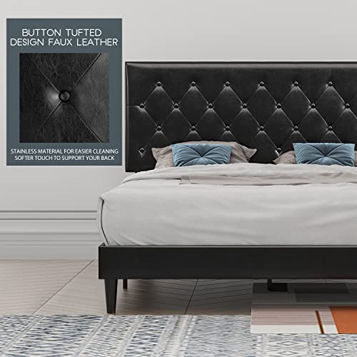 Einfach Queen Platform Bed Frame with Adjustable Faux Leather Diamond Stitched Button Tufted Headboard, Sturdy Wooden Support and No Box Spring Needed, Black