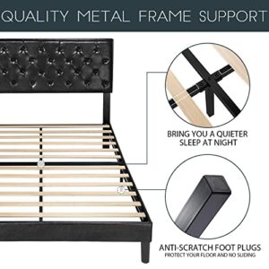 Einfach Queen Platform Bed Frame with Adjustable Faux Leather Diamond Stitched Button Tufted Headboard, Sturdy Wooden Support and No Box Spring Needed, Black