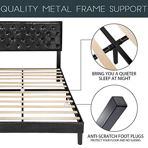 Einfach Queen Platform Bed Frame with Adjustable Faux Leather Diamond Stitched Button Tufted Headboard, Sturdy Wooden Support and No Box Spring Needed, Black