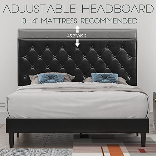 Einfach Queen Platform Bed Frame with Adjustable Faux Leather Diamond Stitched Button Tufted Headboard, Sturdy Wooden Support and No Box Spring Needed, Black