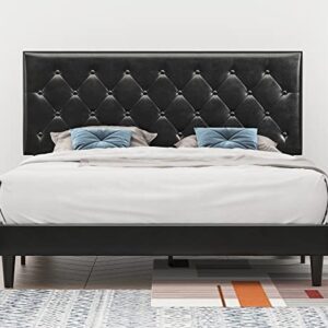 Einfach Queen Platform Bed Frame with Adjustable Faux Leather Diamond Stitched Button Tufted Headboard, Sturdy Wooden Support and No Box Spring Needed, Black