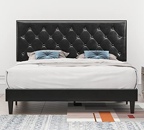 Einfach Queen Platform Bed Frame with Adjustable Faux Leather Diamond Stitched Button Tufted Headboard, Sturdy Wooden Support and No Box Spring Needed, Black