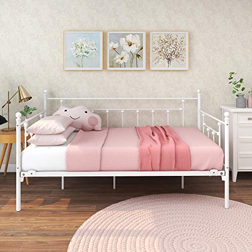 HAHRIR Metal Daybed Frame Set Premium Steel Slat Support Daybed and Roll Sofa Bed (Twin, White)