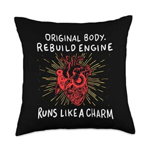 heart surgery recovery gifts original body rebuilt engine open heart surgery throw pillow, 18x18, multicolor