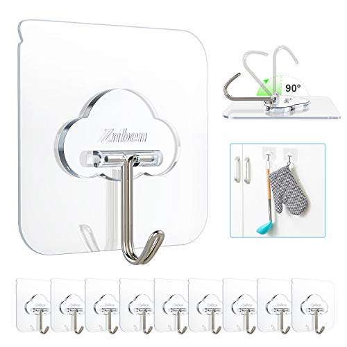 Znben Wall Hooks Adhesive Hooks Heavy Duty 13lb(Max), Sticky Hooks for Hanging Transparent Utility Hooks Wall Hooks for Kitchen Bathroom Office Shower Window 10 Pack