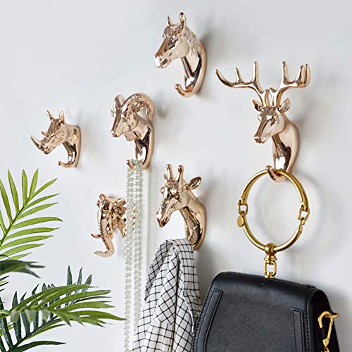 Animal Head Key Hooks Decorative for Wall Creative Resin Hook Hanger (Pack 6) Animal Shaped Coat Hat Hook Wall Hanging Wall Hook Decorative Gift (Electroplated Gold)