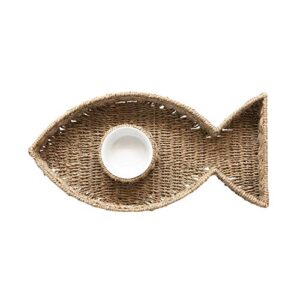 creative co-op hand-woven seagrass fish shaped 8oz. ceramic chip & dip bowl, 8 oz, natural