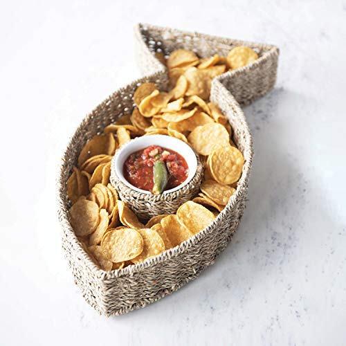 Creative Co-Op Hand-Woven Seagrass Fish Shaped 8oz. Ceramic Chip & Dip Bowl, 8 oz, Natural