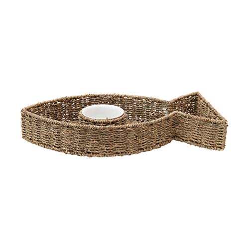 Creative Co-Op Hand-Woven Seagrass Fish Shaped 8oz. Ceramic Chip & Dip Bowl, 8 oz, Natural