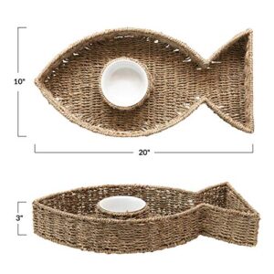 Creative Co-Op Hand-Woven Seagrass Fish Shaped 8oz. Ceramic Chip & Dip Bowl, 8 oz, Natural