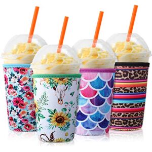 4 pieces reusable coffee sleeve neoprene cup holders drinks insulator sleeve for cold and hot beverages (22-24 oz,cute style)