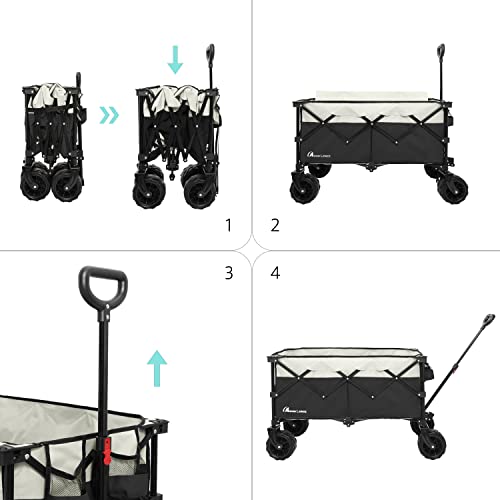 Moon Lence Collapsible Outdoor Utility Wagon Heavy Duty Folding Garden Portable Hand Cart with All-Terrain Beach Wagon ，Big Wheels, Adjustable Handle & Drink Holders